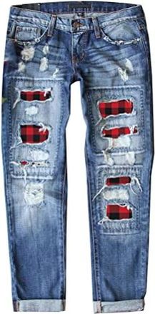 Onsoyours Jean Femme Casual Imprim&eacute; Tournesol Boyfriend Jambe Droite Taille Haute Pantalon Bleu L&eacute;opard Floral Patchwork D Bleu01 L