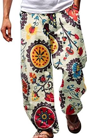 Generic Pantalon de plage décontracté Looes pour homme - Imprimé fantaisie - Pantalon de yoga à jambe droite - Léger et respirant - Pantalon de plage hawaïen 