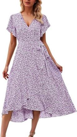 Generic Robe boh&egrave;me 2026 pour femme, robe d&eacute;t&eacute; d&eacute;contract&eacute;e &agrave; motif floral, robe d&eacute;t&eacute; &agrave; col en V fluide, violet, XXL