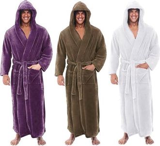Generic Peignoir à capuche en tissu éponge pleine longueur pour homme - Peignoir dhiver chaud de luxe pour homme - Très absorbant - Col châle - Kimono avec po