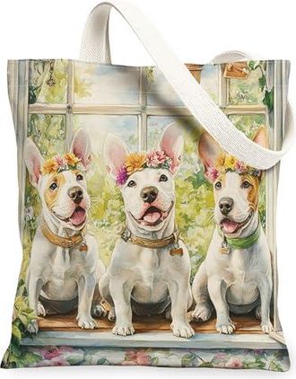 Generic Sac fourre-tout en toile motif chien Spring Bull Terrier 33 x 38,1 cm, sac r&eacute;utilisable &agrave; motif imprim&eacute; de plantes en pot pour femme, animal de compag