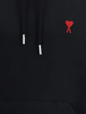 Ami Cotton Logo-Embroidered Hoodie - Black
