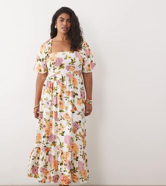 Vila VILA Curve - Midikleid mit eckigem Ausschnitt, Puff&auml;rmeln und Blumenmuster-Wei&szlig;