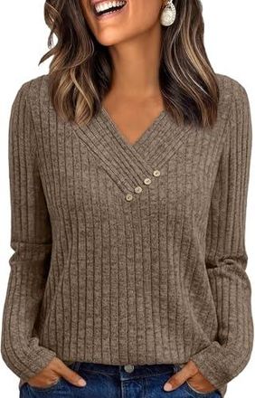 Generic Pull &agrave; manches longues et col en V pour femme - D&eacute;contract&eacute; - Pour le travail - Automne 2025, camel, XXL