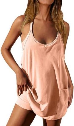 Generic Combinaison d&eacute;t&eacute; en coton pour femme - Salopette courte sans manches pour femme - Combinaison avec poches lat&eacute;rales et short - Salopette d&eacute;t&eacute; sans man