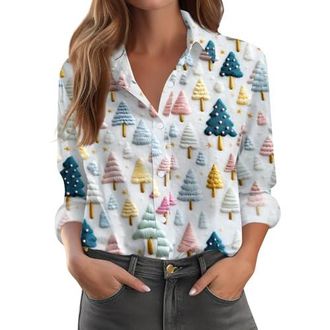 Generic Chemises de Noël laids pour femmes, coupe décontractée, manches longues, chemise de vacances boutonnée, imprimé Père Noël, T-shirts de vacances, hauts
