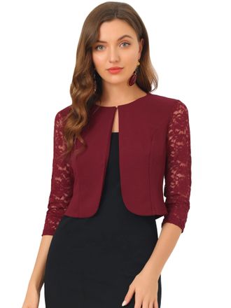 Allegra K Damen Festlich Spitze Bolero 3/4 &Auml;rmel Rundhals Durchsichtig Shrug Elegant J&auml;ckchen Burgund XS