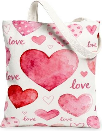 Generic Sacs fourre-tout en toile motif coeur pour la Saint-Valentin, sacs d&eacute;picerie r&eacute;utilisables, l&eacute;gers et lavables en toile avec bandouli&egrave;re, p&ecirc;che, 13x15