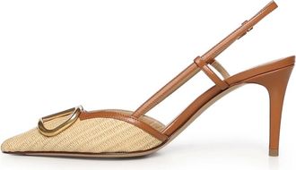Valentino Garavani Femme, Chaussures, Beige, Taille: 38 1/2 EU Escarpin Slingback en raphia avec signature VLogo