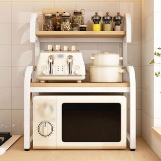 Generic 2-st&ouml;ckiger Mikrowellenst&auml;nder aus Holz, Ablage for die Arbeitsplatte mit Haken, K&uuml;chenaufbewahrung for Elektroger&auml;te, Geschirr, Gew&uuml;rze(White)