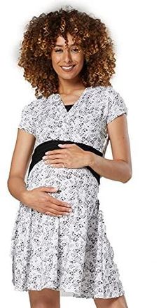 Happy Mama Femme. Robe Patineuse maternit&eacute; dallaitement. Court Manches. 605p (Blanc avec Fleurs Noires, 40, L)
