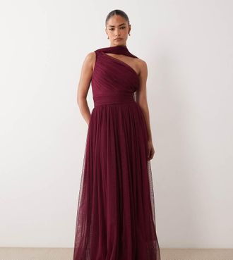 Lace & Beads Petite Robe longue de demoiselle dhonneur asym&eacute;trique avec encolure drap&eacute;e - Figue-Rouge
