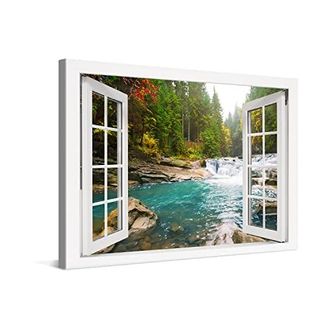 Picanova Photo sur Toile For&ecirc;t Rivi&egrave;re Ch&ucirc;te dEau Fen&ecirc;tre 60x40cm - Impression sur Toile Haut de Gamme - Image sur Toile pour D&eacute;coration Murale Moderne - La Co