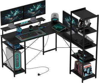 HOMCOM Schreibtisch Gaming Tisch l Form mit Regal, Computertisch mit Monitorst&auml;nder, Steckdose, USB-Ladeanschluss Eckschreibtisch f&uuml;r Heimb&uuml;ro