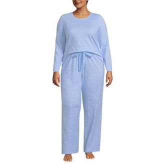 Lands End Gemustertes Pyjama-Set aus Baumwoll-Jersey, Damen, Gr&ouml;&szlig;e:52-54 plus, Blau, Elasthan/Baumwoll-Mischung, by Lands End