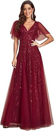 Ever-pretty Robes de Soirée Femmes Longues Manches Volants Tulle Paillettes de Feuilles Col V Chic Bordeaux 50