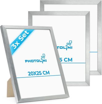 Photolini Bilderrahmen 20x25 Silber MDF-Holz, 3er Set Poster-Rahmen, bruchsicheres Acrylglas, zum Aufhängen & Aufstellen, extra Zubehör - für Fotos & Poster