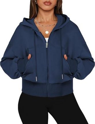 OLIPHEE Sweats à Capuche Femme Veste Courte avec Fermeture Éclair Grandes Poches Veste à Capuche Femme Couleur Unie Manteau Zippé Casual Y2k Automne Hiver Ble