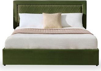Menzzo Lit coffre Sandiego avec sommier relevable 140x200cm et t&ecirc;te de lit clout&eacute;e Velours Kaki