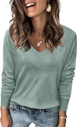 Minetom Pull Femme À Manches Longues en Tricot Sweat Col V Chemisier Top Léger Couleur Unie Pullover Chaud Sweater A Vert L