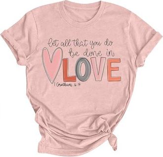 Generic T-shirt d&eacute;contract&eacute; &agrave; manches courtes et col rond imprim&eacute; coeur pour femme 2026 Saint-Valentin, rose clair, XXL