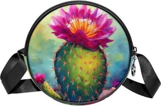 Generic Petit sac &agrave; bandouli&egrave;re rond pour femme, motif fleurs de cactus avec fermeture &eacute;clair, bretelles r&eacute;glables, sac &agrave; main rond d&eacute;contract&eacute; pour femmes et