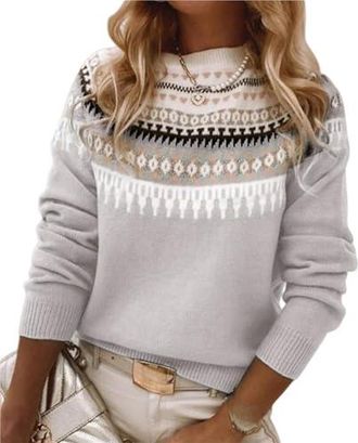 Generic Pull tricot&eacute; vintage &agrave; col rond et manches longues pour femme Motif Fair Isle, J, XXL