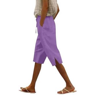 Generic Pantalon Femme Court Coton en Lin Droit &Eacute;t&eacute; Pants Grande Taille Taille Haute Confortable L&eacute;gers Coton Lin Pant Fluide Mode De Loisirs Ample Solide Cou