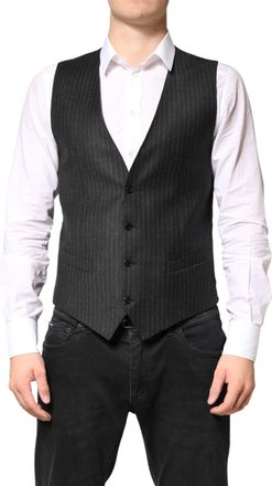 Dolce & Gabbana Black Stripes Wool Dress Men Waistcoat Vest Virgin