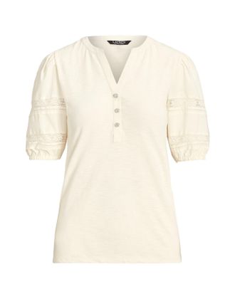 Ralph Lauren LACE-TRIM JERSEY PUFF-SLEEVE HENLEY TEE