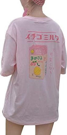 ORANDESIGNE T-Shirt Femmes &agrave; Manches Courtes &eacute;t&eacute; Hauts Filles Style Japonais Kawaii V&ecirc;tements Jus de Fruits T-Shirt en Coton Little Fresh A Rose S