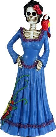Ebros Gift Ebros Day of the Dead Lady Rosa in traditionellem floralem blauem Kleid mit scharlachroten Aras, Papageien-Skelett-Figur Ossuary Makabre Totenk&ouml;pfe Sk