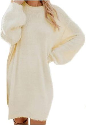 Generic Robe Hiver Femme Chic et Elegant Pull Femme Chic Couleur Unie Col Rond Décontractées Comfortable Pullover Sweater Beige M