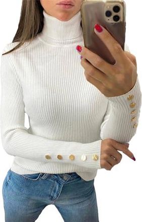 Generic Pull &agrave; col roul&eacute; pour Femme, Manches Longues, Coupe ajust&eacute;e, Maille Douce et l&eacute;g&egrave;re, Boutons m&eacute;talliques, Blanc, Taille XL