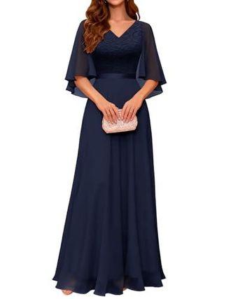Dresstells Robe de Soir&eacute;e Femme &Eacute;l&eacute;gante en Col V pour Cocktail C&eacute;r&eacute;monie Bal de Promo, Robe Demoiselle dhonneur Femme pour Mariage Invit&eacute; avec Manches Courtes B