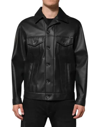 Dolce & Gabbana Mens Black Polyester Button Down Biker Jacket Paper Elastane Clothing