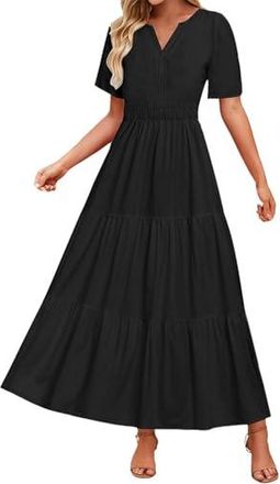 Generico Robe d&eacute;t&eacute; d&eacute;contract&eacute;e en coton pour femme avec manches bouffantes, col en V Robe de loisirs d&eacute;t&eacute; en ligne A avec volants et poches manches courtes et