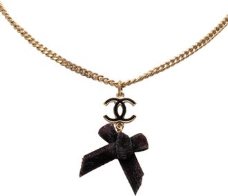 Chanel CC Gold Plated Enamel Velvet Bow Pendant Necklace