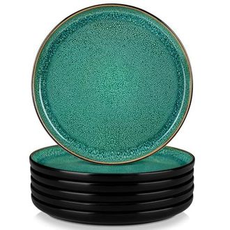 VANCASSO S&eacute;rie PLAYA Lot de 6 Assiettes Plates en Gr&egrave;s 26 cm - Va au Micro-Ondes, Four et Lave-Vaisselle - Vert &Eacute;maill&eacute;, Design &Eacute;l&eacute;gant et R&eacute;sistant