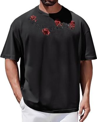Generic 2026 Saint-Valentin europ&eacute;enne rose broderie lettre hommes d&eacute;contract&eacute; tendance l&acirc;che col rond manches courtes t-shirt, Noir, XXL