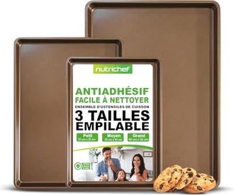 Nutrichef Lot de 3 Plaques de Cuisson en Acier Carbone - Ensemble de Moules &agrave; P&acirc;tisserie Antiadh&eacute;sifs pour Biscuits, Rev&ecirc;tement M&eacute;tallique Sans PFOA, PFOS ni PT