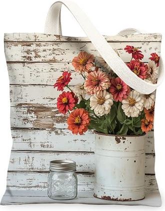 Generic Spring Zinnia Sac fourre-tout en toile pour faire du shopping, 33 x 38,1 cm, motif floral rustique, sac d&eacute;picerie r&eacute;utilisable pour femme, peinture es