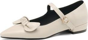 Generic Chaussures Femme Mary Janes Bout Pointu Décor Noeud Talons Bas Carrés Boucle Réglable Tige Cuir PU Confortables Élégantes Travail Quotidien,Beige,38.5