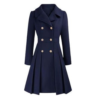 Generic Trench à double boutonnage pour femme, manteau dhiver élégant à revers cranté, coupe trapèze, coupe évasée, plissée avec poches, noir foncé, XXL
