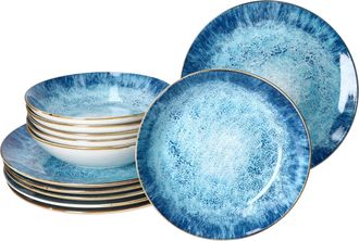 MamboCat Marina 12tlg Tafelservice I blaues Porzellan-Geschirr mit maritimem Design f&uuml;r 6 Personen I Ozean-Dekor, Gischt I 6x Suppenteller & 6x Speiseteller f&uuml;