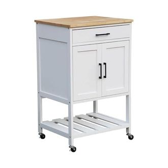 Sweeek Desserte de cuisine blanche BENDOR plateau en bois dh&eacute;v&eacute;a. 56 x 46 x 90 cm. 4 roues. 1 tiroir. 2 &eacute;tag&egrave;re. 1 double porte. style contemporain