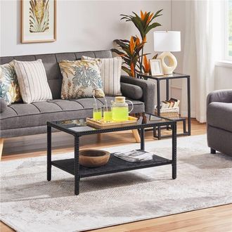 Yaheetech Yaheetech Table de Jardin Style Rotin Table Basse R&eacute;sine Tress&eacute;e avec &eacute;tag&egrave;re et Plateau pour Salon Patio Terrasse, Facile dentretien avec Trou