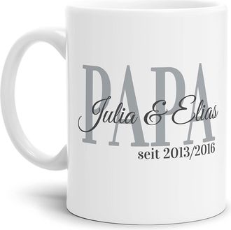 Tassendruck Tasse - Papa seit - zum selbst Gestalten mit Kindernamen und Geburtsjahren - Geschenk für den besten Papa - Keramiktasse, Weiß Matt, 300 ml