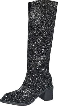 Generic Bottes Hautes Femme &agrave; Paillettes Brillantes Talon Carr&eacute; Bout Pointu Bottes De Cowboy &Agrave; Enfiler Semelle Antid&eacute;rapante Tendance Chaussures Femme D&eacute;contr