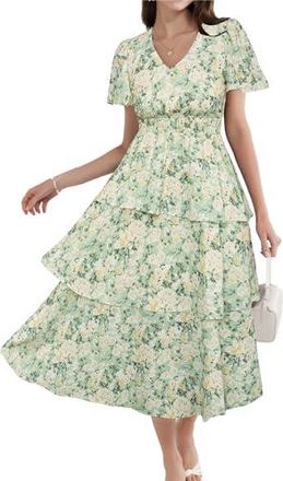 Grace Karin 2024 Robe dété pour femme, col en V, manches courtes, motif floral, décontractée, robe maxi, élégante, coupe trapèze, pour plage, loisirs, vacances, m